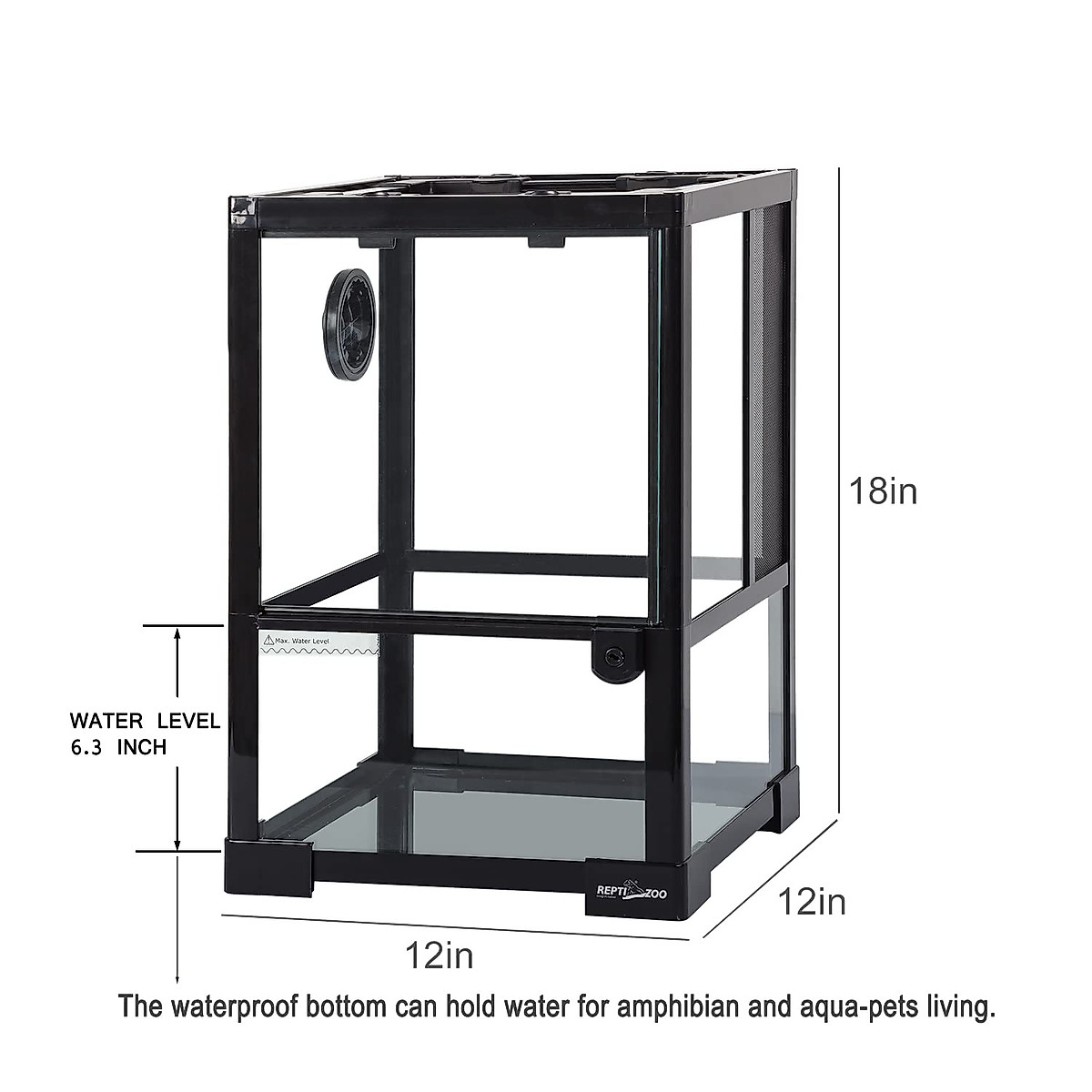REPTI ZOO Amphibian Habitat Tank 10 Gallon, Full Vision Glass Reptile Terrarium 12" x 12" x 18", Vertical Reptile Tank with Deep Base & Top Screen Ventilation