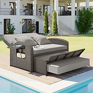 Wicker Patio Outdoor Daybed with Adjustable Backrest, Outdoor Sun Bed with Storage Ottoman & Foldable Trays, Wicker Rattan Daybed with Cushions and Pillows for Poolside, Porch, Backyard (Grey)