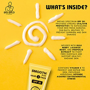 Bee Bald SMOOTH PLUS Head & Face Moisturizer with SPF 30 Sunscreen Lotion Protecting Skin From Harmful UVA/UVB Rays While Hydrating, Moisturizing and Toning, 1.7 Fl Oz