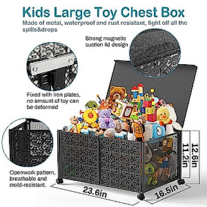 Yoleduo Toy Box Chest Storage Organizer with Lid Collapsible Metal Sturdy Toy Storage Bins with Wheels Storage Boxes Bins Baskets for Kids, Boys, Girls (1 piece, Black)