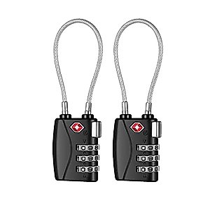 NAGE 3-Digit Cable Lock, TSA Approved Luggage Locks for Suitcase, Gym Lockers, Travel Baggage (2 Pack, Black)