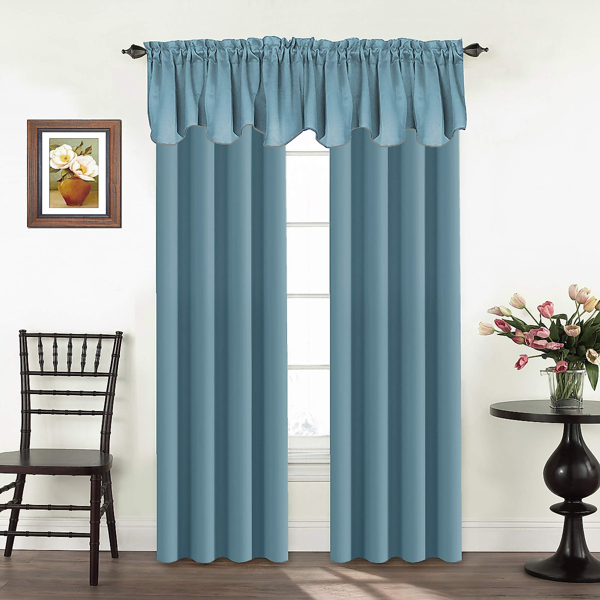 Turquoize Blackout Curtain Valances Solid Rod Pocket Scalloped Valances Short Curtain Panels for Kitchen Window/Bedroom/Barthroom, 52" x 18" Inches, 4 Panels, Citadel
