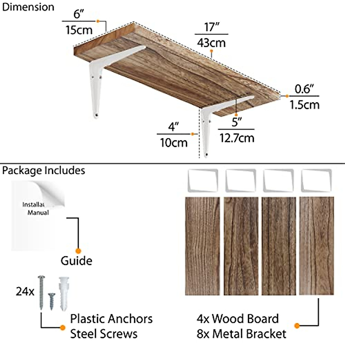 Wallniture Arras Floating Shelves for Wall Storage, 17"x6" Living Room Wall Decor, Bookshelf for Bedroom, Kitchen Organization and Storage Shelves, Burnt Finish White Brackets Set of 4