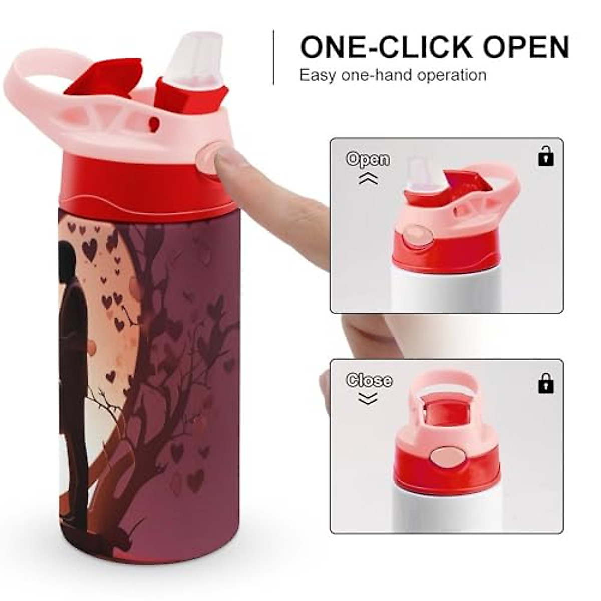 Stainless Steel Water Bottles Kissing Silhouette Travel Water Cups with Handle And Silicone Straw Drinking Cup with Leak Proof Lid Thermo Travel Mug for Women Men