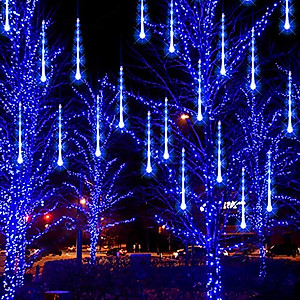 FUNPENY Meteor Shower Rain Lights, 288 LED Christmas Lights Icicle Snow Falling Christmas Lights Outdoor Raindrop Lights, 30cm 8 Tubes Xmas Tree Holiday Decoration (Blue)