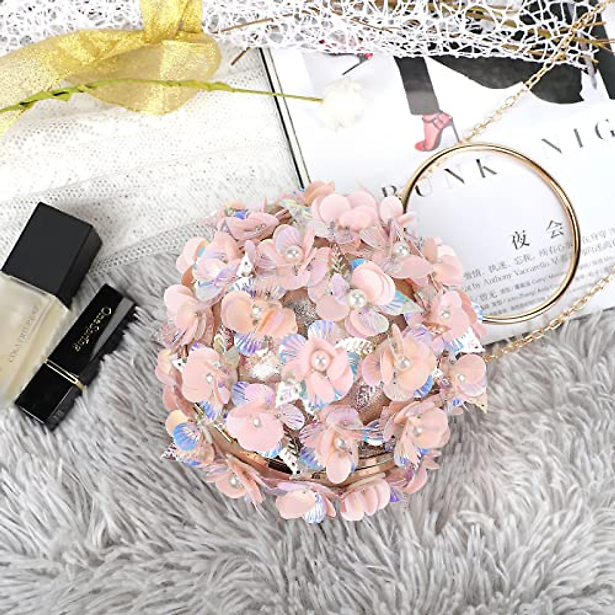 Selighting Round Ball Floral Clutch Purses for Women Evening Bag Formal Beaded Wedding Bridal Handbag Ladies Prom Party Purse Pink