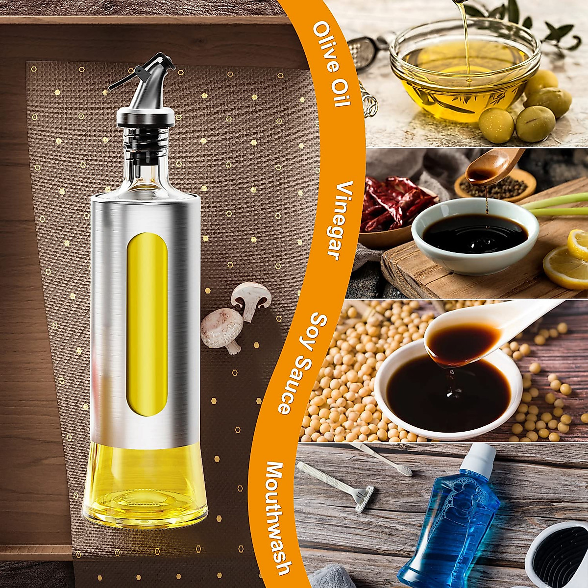 Kinkota Stainless Steel Olive Oil Dispenser Bottle and Sprayer Set, 17 OZ, 500 ML, 2 Count, Kitchen, Cooking