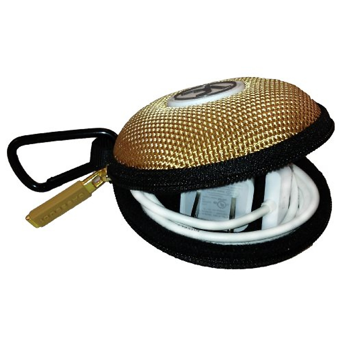 CASEBUDi Round Earbud and Phone Charger Storage Case with Carabiner | Limited Edition Gold Ballistic Nylon