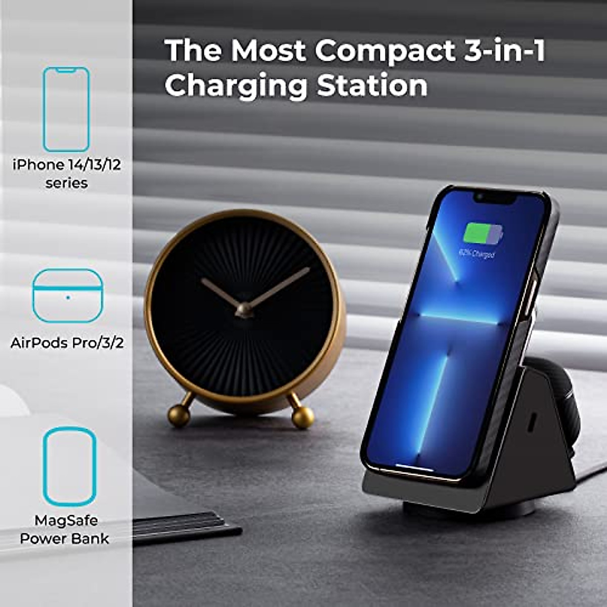 PITAKA 3 in 1 Wireless Charging Station Apple with Portable Battery Bank [MagEZ Slider] Wireless Charging Station for iPhone 14/13/12, and AirPods Pro/3/2