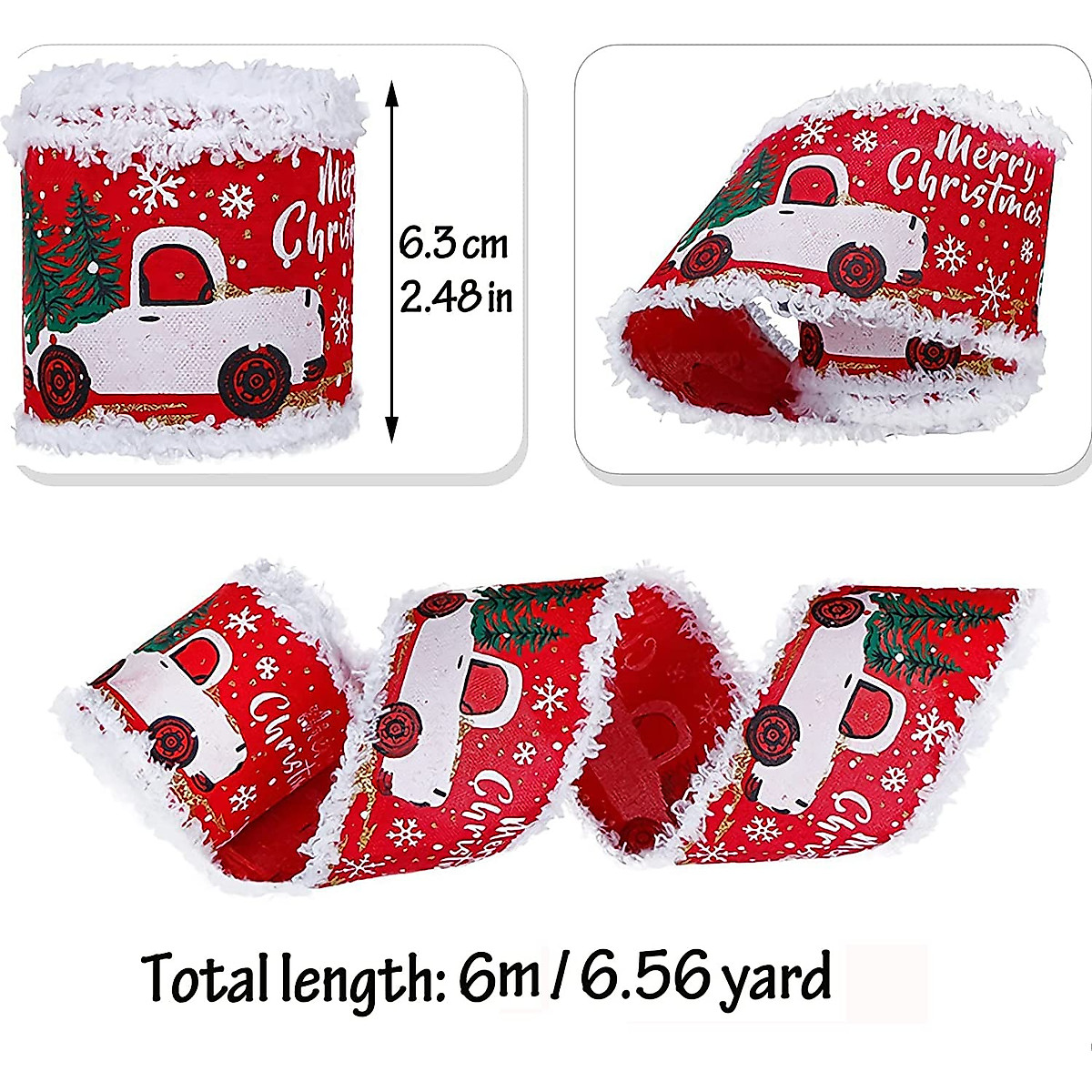 Christmas Ribbon Velvet Wired Edge, 2.5 Inches x 6.5 Yards Merry Christmas Car Snowflake Trees Burlap Ribbon for DIY Wreaths Floral Bow Gift Wrapping Xmas Party Decoration