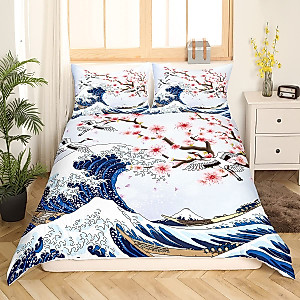 Feelyou Cherry Blossoms Bedding Set Chic Crane Duvet Cover for Kids Girls Women Ocean Wave Decor Comforter Cover Pink Japanese Ukiyoe Theme Bedspread Cover with 2 Pillowcases 3Pcs Bedding Queen