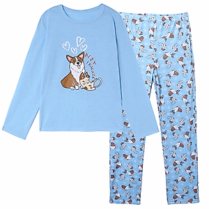 Vopmocld Big Girls Cartoon Corgi and Cat Pajamas Cute Patterns Sleepwear 2PCS Long Sleeve Long Pants Jammies Loungewear, Corgi/Cat, 14