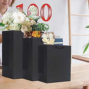 QIELSER 12 Pack Black Gift Bags with Ribbon Handles, Kraft Paper Gift Bags 3 Different Sizes in 8.5", 10" and 13" for Party Favor, Wedding, Retail Merchandise, Baby Shower, Christmas