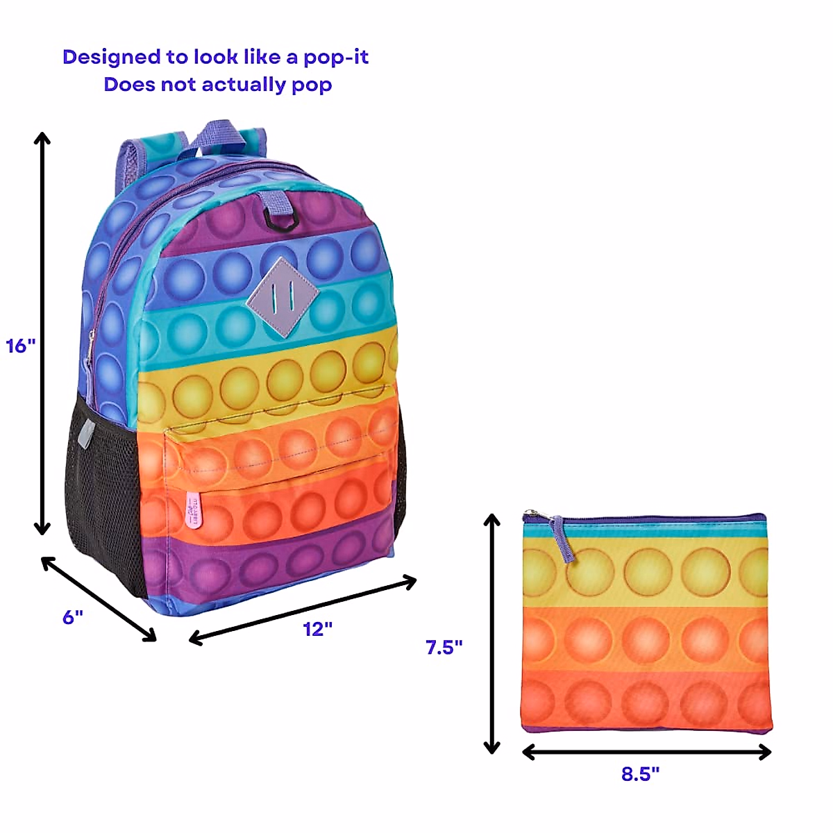 RALME Printed Fidget Popper Backpack Set for Kids with Pop It Keychain Bubble Poppers and Pencil Case