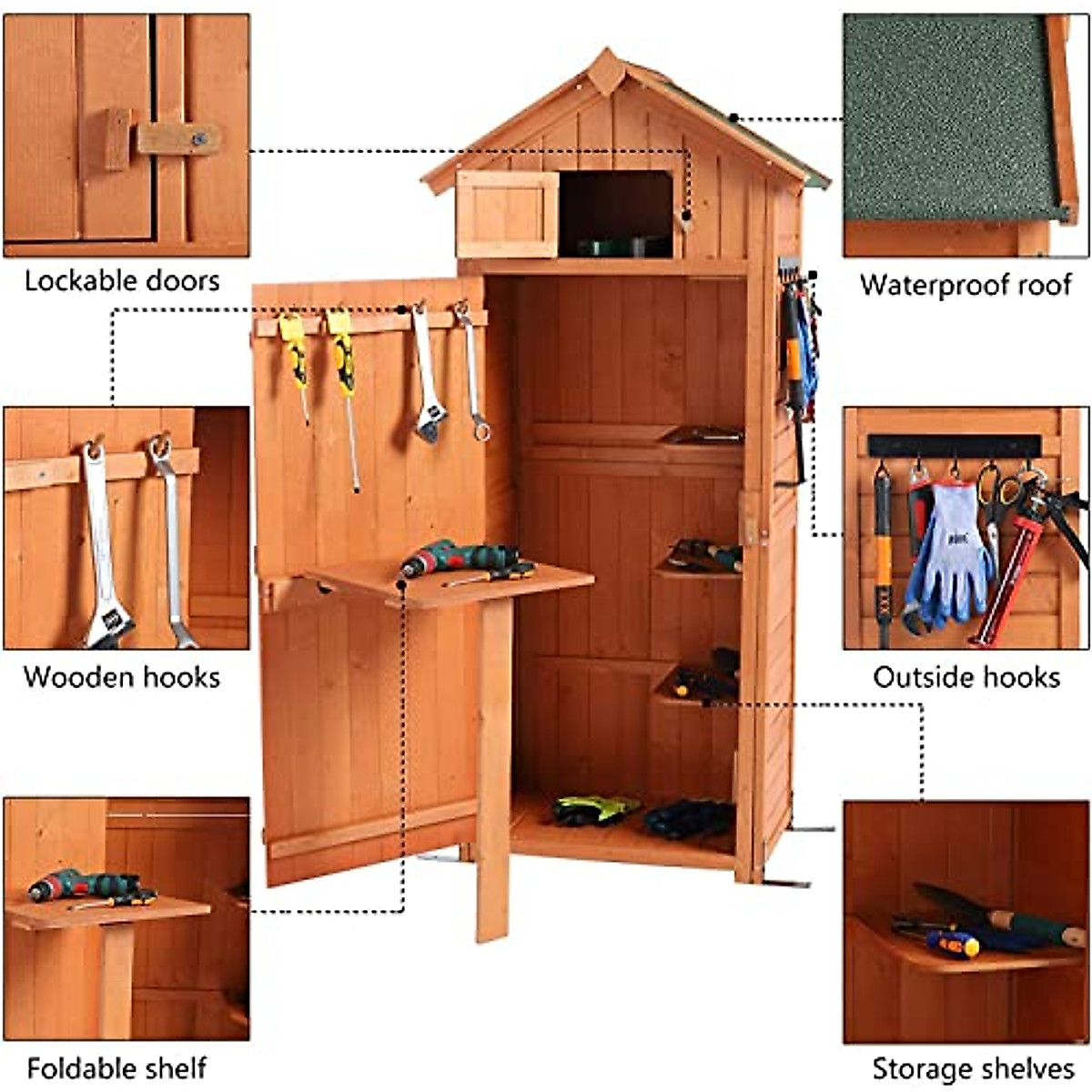 B BAIJIAWEI Outdoor Storage Shed - Waterproof Garden Storage Cabinet with Lockable Doors - Utility Tool Storage Organizer for Backyard, Patio, Garden Deck (Wood)