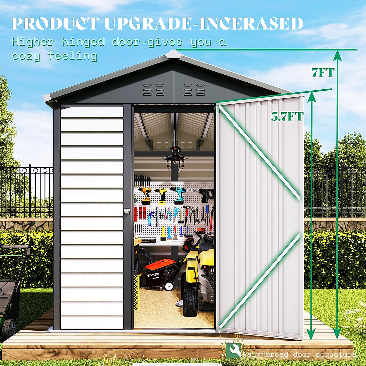 AMERLIFE 6.4x9x7 FT Outdoor Storage Shed, Blinds Design Metal Shed with Clear Window Lockable Hinged Door, Outdoor Shed for Backyard, Garden, Patio, Dark Grey/White
