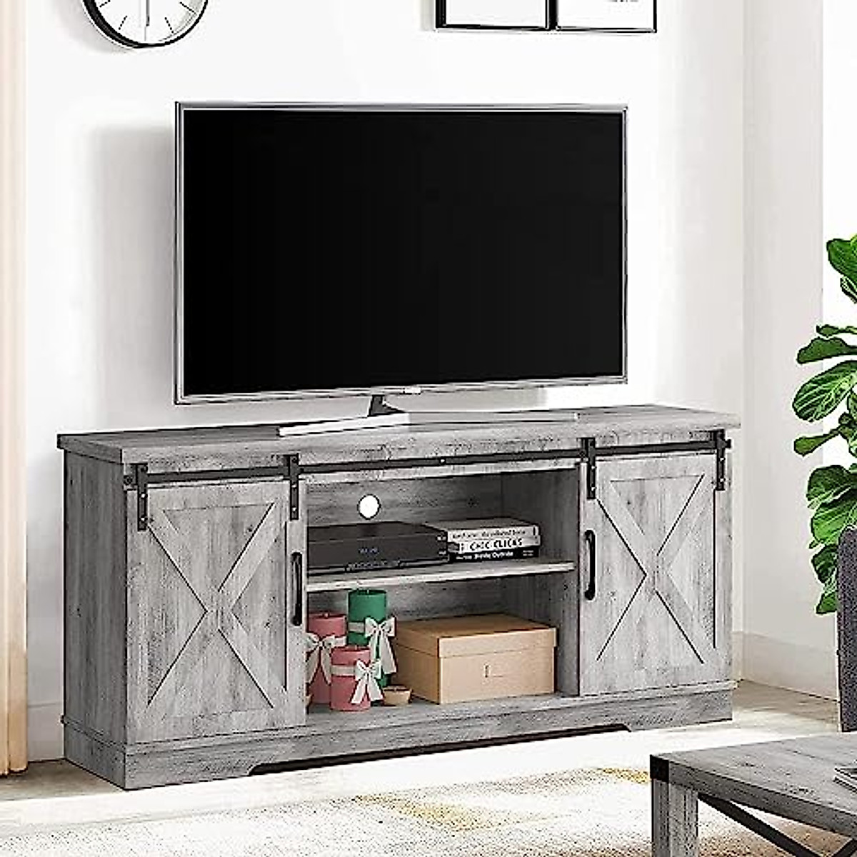 IDEALHOUSE Farmhouse TV Stand for 65 Inch TV, Entertainment Center TV Media Console Table, Tall TV Stand with Barn Doors, Storage and Shelves, Grey Modern TV Console Cabinet Furniture for Living Room