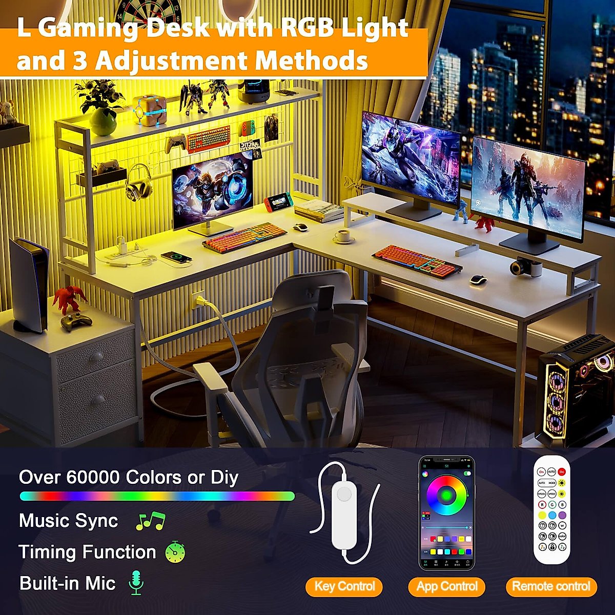 Furologee White L Shaped Gaming Desk with LED Strips and Power Outlets, 64" Reversible L Computer Office Desk with Pegboard and Fabric File Drawer, Coner Desk with Monitor Stand and Hutch