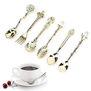 Spoon, 6Pcs Set Innovative Vintage Retro Zinc Alloy Spoons Fork Set Cutlery Kitchen Accessory for Mixing and Stirring Drinks, Cocktails, Milk (Gold (auspicious knot fork handle))