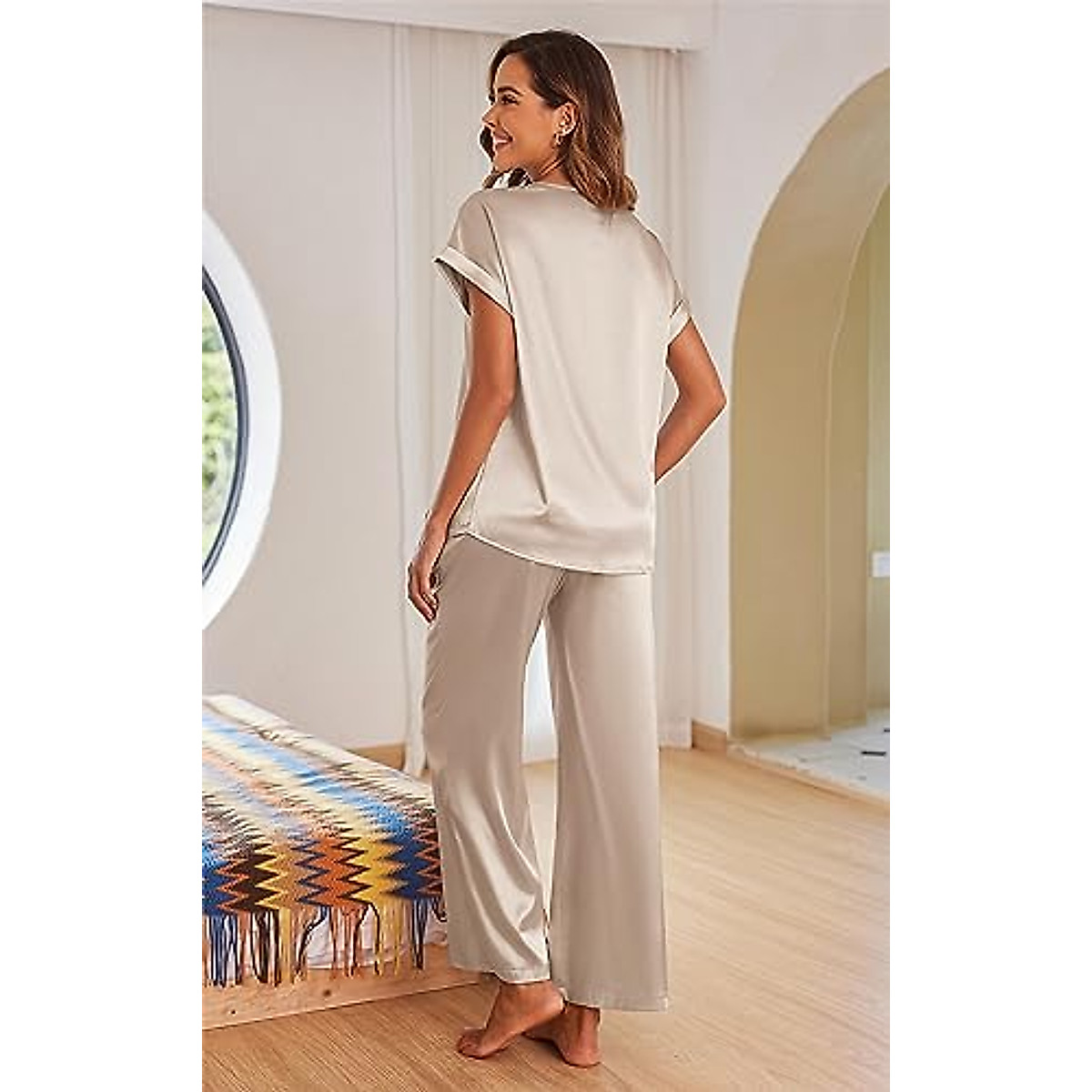 Ekouaer Womens Silk Pajamas Set Short Sleeve Satin Shirt with Long Pant Pjs Set V Neck Sleepwear with Floral Lace Champagne