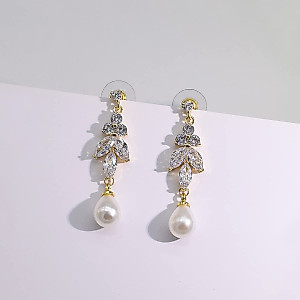 UDORA Women Zirconia Teardrop Pearl Long Dangle Earrings Bridal Bridesmaid Wedding Gifts (Gold)