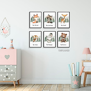 gooptyinh Woodland Nursery Animal Canvas Wall Art, 6 Piece Inspirational Forest Animals Print Posters, Motivational Quotes Cute Bear Fox Rabbit Deer Raccoon Owl Decor for Baby Bedroom 8x10in Unframed