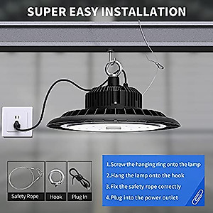 LED High Bay Light 150W 21000 LM with US Plug 5ft Cable, 5000K Daylight, IP65 Waterproof, Non-Dim, UFO Commercial Warehouse Workshop Factory Barn Garage Lowbay Area Lighting Fixture