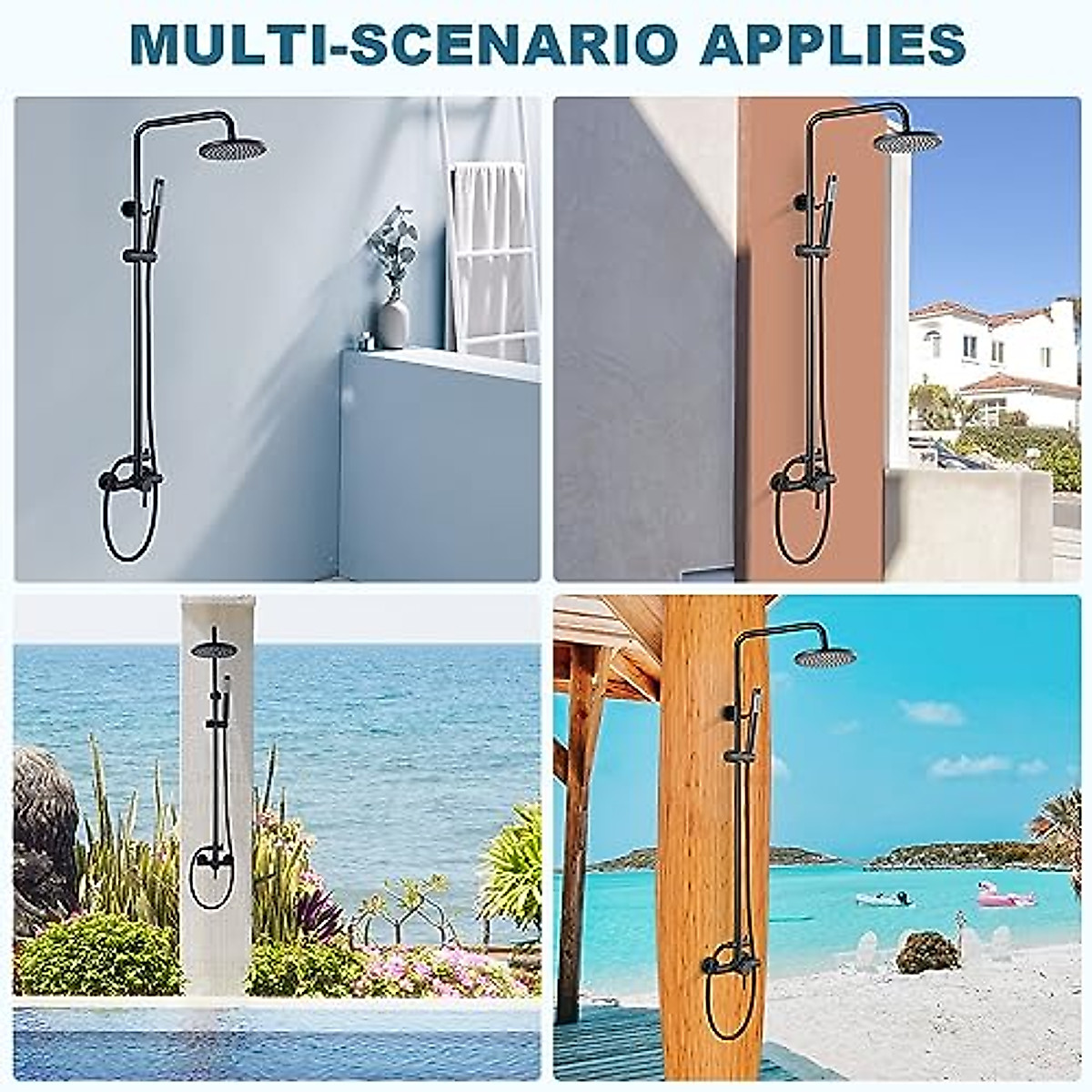 Outdoor Shower Fixture Set Matte Black SUS 304 Stainless Steel 8 Inch Rainfall Shower Head with Cylinder Handheld Spray Wall Mount Adjustable Slide Bar One Handle Shower Faucet