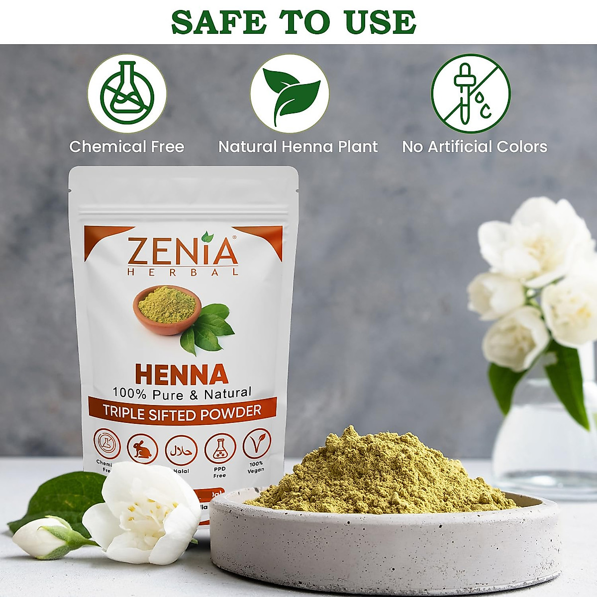 Zenia 100% Pure & Natural Henna Powder (Lawsonia Inermis) | 100 grams (3.5 oz) | Orange-Red Hair Color | Triple Sifted | Fresh from Rajasthan | No Chemicals, No Additives