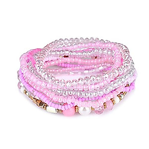 Handmade Multicolor Bohemian Crystal Beaded Bracelets Set Multilayer Stackable Boho Charms Stretch Layered Bead Adjustable Bangles Strand Jewelry for Women Girls-pink