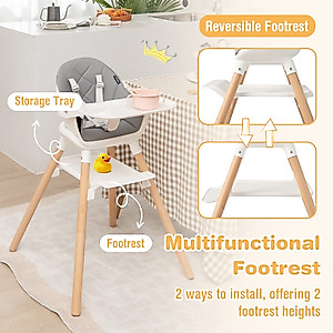 BABY JOY Baby High Chair, 6 in 1 Convertible Wooden High Chair for Babies & Toddlers with Adjustable Legs, Double Removable Tray, Safety Harness & Waterproof PU Cushion (White)