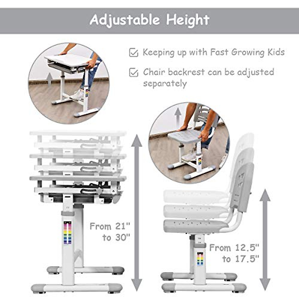BABY JOY Kids Desk and Chair Set, Height Adjustable Child Desk Set w/Tilt Desktop, Pull Out Drawer Storage, Metal Hook, Multifunctional School Student Study Desk Chair for Boys & Girls (Grey)