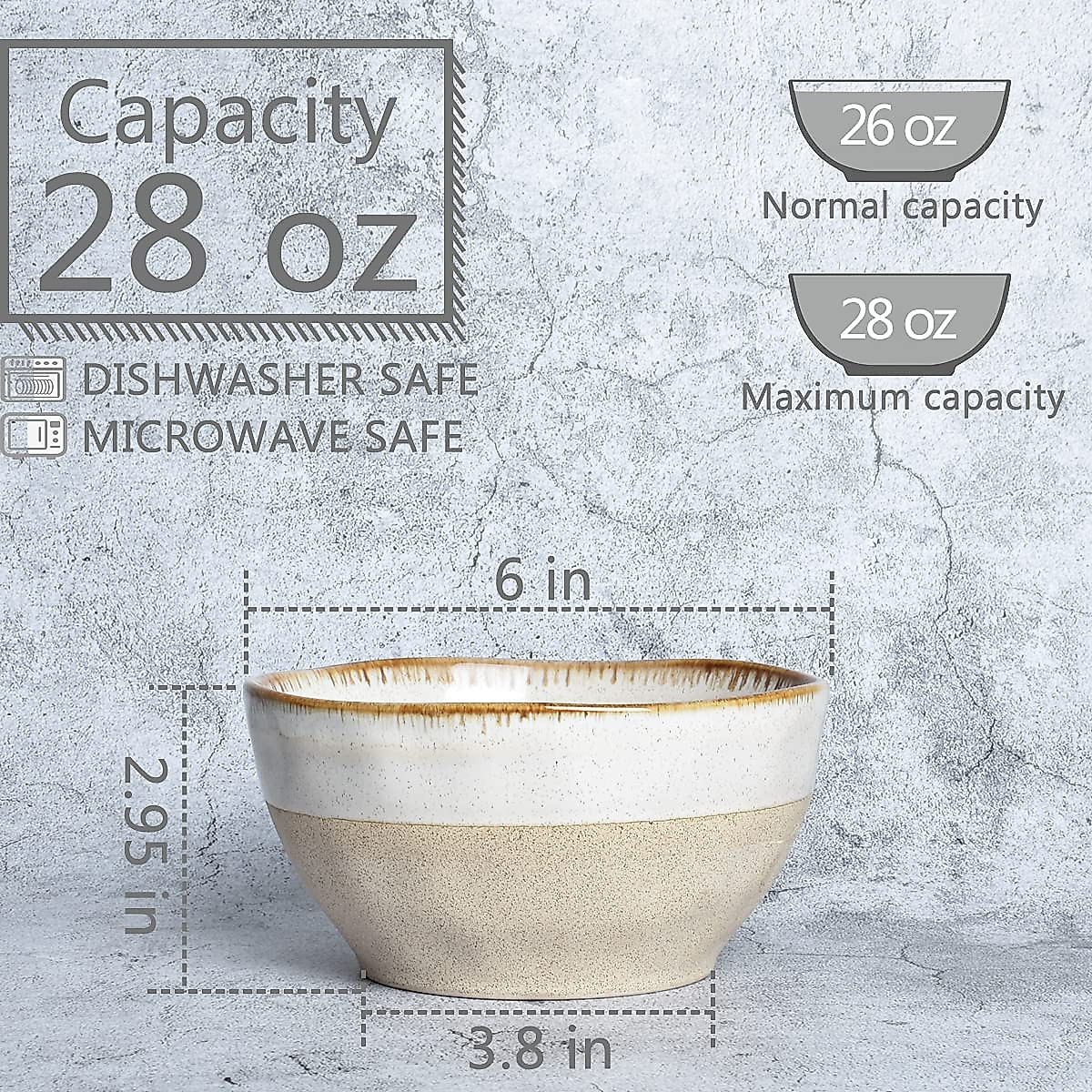 Bosmarlin Ceramic Soup Bowl Set of 4, 28 Oz, Cereal Bowl for Oatmeal, Dishwasher and Microwave Safe (Beige, 6 inches)