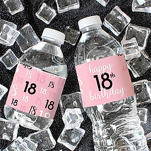 Pink, Black, and White 18th Birthday Party Water Bottle Labels - 24 Waterproof Wrappers, 18th Birthday Decorations for Girls Pink