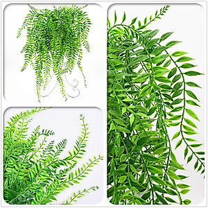 PASYOU Hanging Plant Fake Plants for Decoration, Artificial Vines Plastic Ivy Greenery Garland Decor Grass Faux Leaves Stems for Outdoor Indoor Outside Home Garden Party Office Wedding Vine - 4 Pack