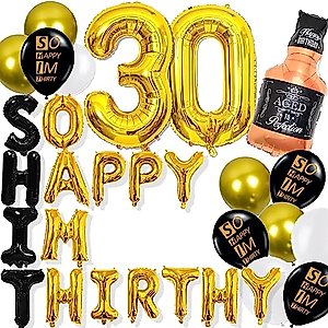 30th Birthday Decorations for Him，Black and Gold So Happy Im Thirty Balloons Banner and Dirty 30 Birthday Decorations for Men or Him