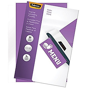 Fellowes Hot Laminating Pouches, 3 Mil, Menu Size, 50 Per Pack (52013)