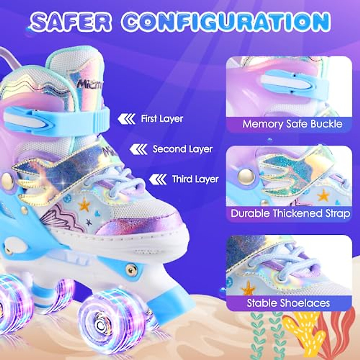 Mermaid Kids Roller Skates Adjustable Roller Skates with Light Up Wheels for Kids, Beginner, Girls, Boys Outdoor Roller Skating for Toddlers, Skating Shoes for Ages 3-12