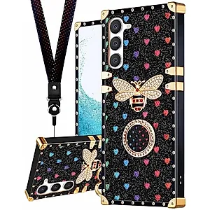 Loheckle for Samsung Galaxy A14 5G Case for Women, Designer Square Cases for Samsung A14 5G Case with Ring Stand Holder and Lanyard, Stylish Bees Luxury Cover for Galaxy A14 5G 6.6 Inch