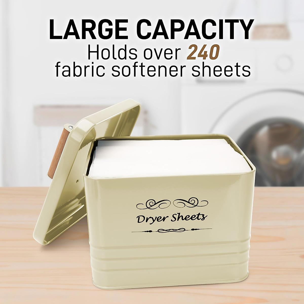 ELITAPRO Dryer Sheets Holder for Laundry Room - Farmhouse Dryer Sheet Box with Lid - Laundry Room Decor & Accessories - Metal Dryer Sheet Container for Laundry Room Organization & Storage (Ivory)