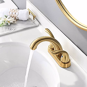Phiestina Brushed Gold 4 Inch Centerset 2 or 3 Holes 2 Handle Bathroom Faucet, Bathroom Faucet with Copper Pop Up Drain and Water Supply Lines, BF008-5-BG