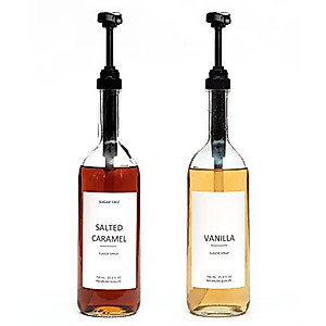 Demi's Home 25.4 oz 750 ml Glass Coffee Syrup Dispenser for Coffee Bar - 2 Pack - Comprehensive Label Set & ¼ oz Pumps Included - Coffee Bar Accessories