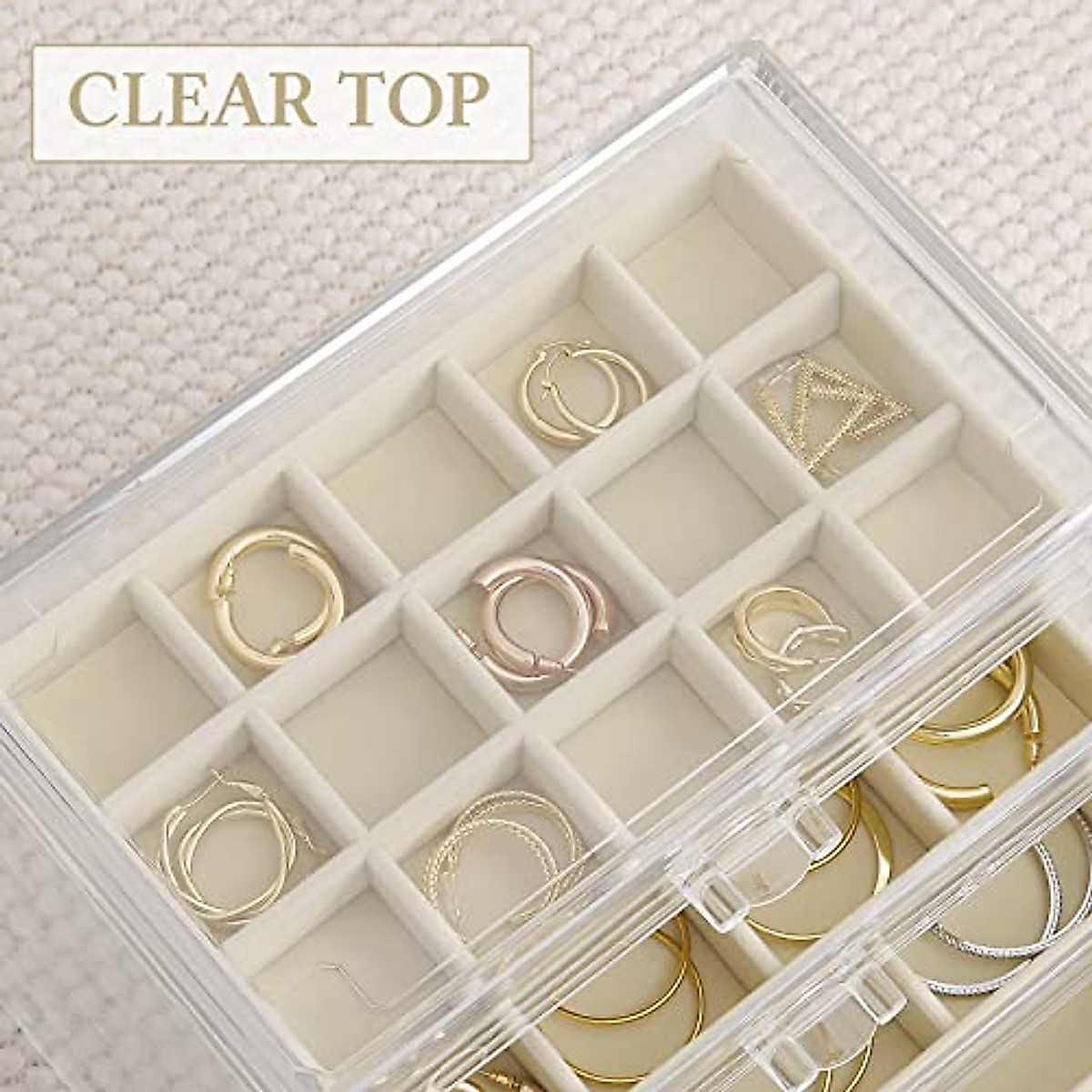 misaya Earring Jewelry Organizer Box, Large Acrylic Jewelry Organizer with 4 Drawers, Clear Velvet Earring Holder Organizer for Earrings, Rings, Necklace, Beige