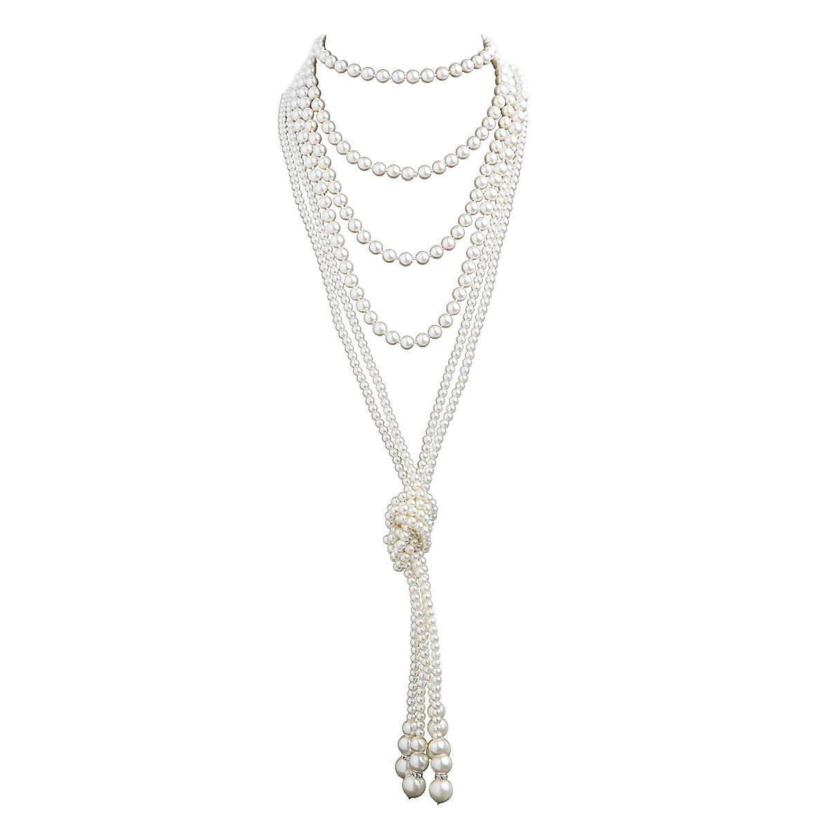 Cizoe 1920s Pearls Necklace Fashion Faux Pearls Gatsby Accessories Vintage Costume Jewelry Cream Long Necklace for Women(B-a-knot Pearl Necklace*2 + 59" Necklace*1-white)