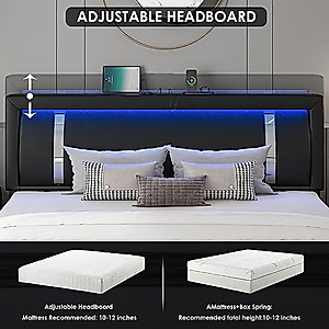 Keyluv Queen Bed Frame with RGB LED Lights Headboard & 2 Storage Drawers, Modern Upholstered Faux Leather Platform Bed with Iron Metal Decor, USB & USB-C Charging Ports, No Box Spring Needed, Black