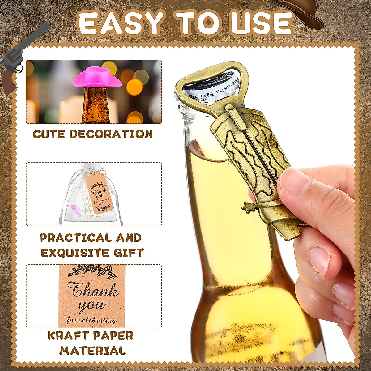 30 Pack Cowboy Boots Bottle Openers with Plastic Mini Pink Cowboy Hat Baby Shower Western Bottle Opener Party Favors Bridal Wedding Birthday Party for Guests Decorations or Souvenirs