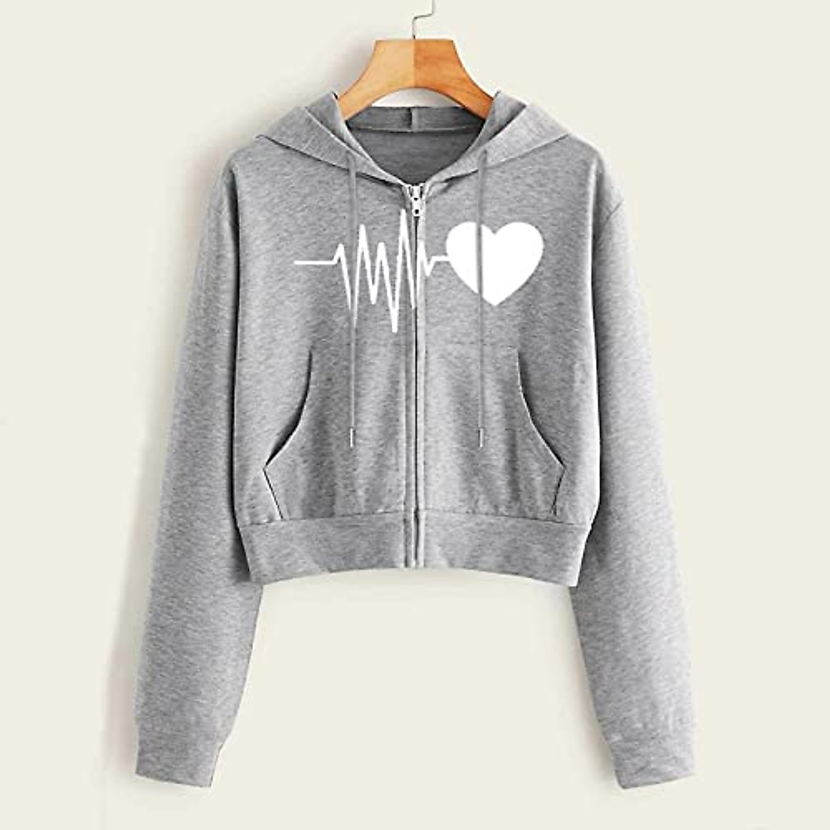 Wabtum Hoodies for Teen Girls,Womens Casual Heartbeat Print Long Sleeve Zipper Pocket Shirt Cat Hooded Sweatshirt Tops