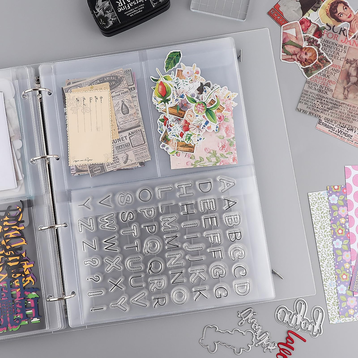 20 Pages/1Set A4 Clear 4 Ring Storage Book Binder; Stamp & Cutting Dies Storage Book Organizer Folder with 10 Rubber Magnetic Sheets 0.3mm Stencil Organizer for Card Making Storage
