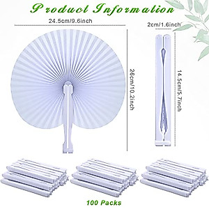 Yulejo White Paper Fans Wedding Fans Round Shaped Folding Fans Plastic Handle for Women Men Guest Wedding Celebration Birthday Party Favor (100 Packs)