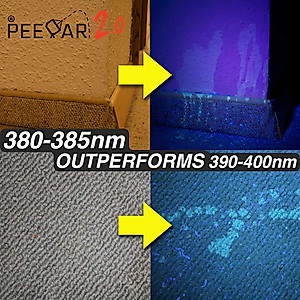 PeeDar 2.0 UV Pet Urine Detector Black Light Flashlight + Cat & Dog Behaviorist Book + 3 AAAs. Ultra Bright Optimal 380-385NM LEDs Find Invisible Stains Instantly! Rid Cat, Dog Pee Issues Forever.